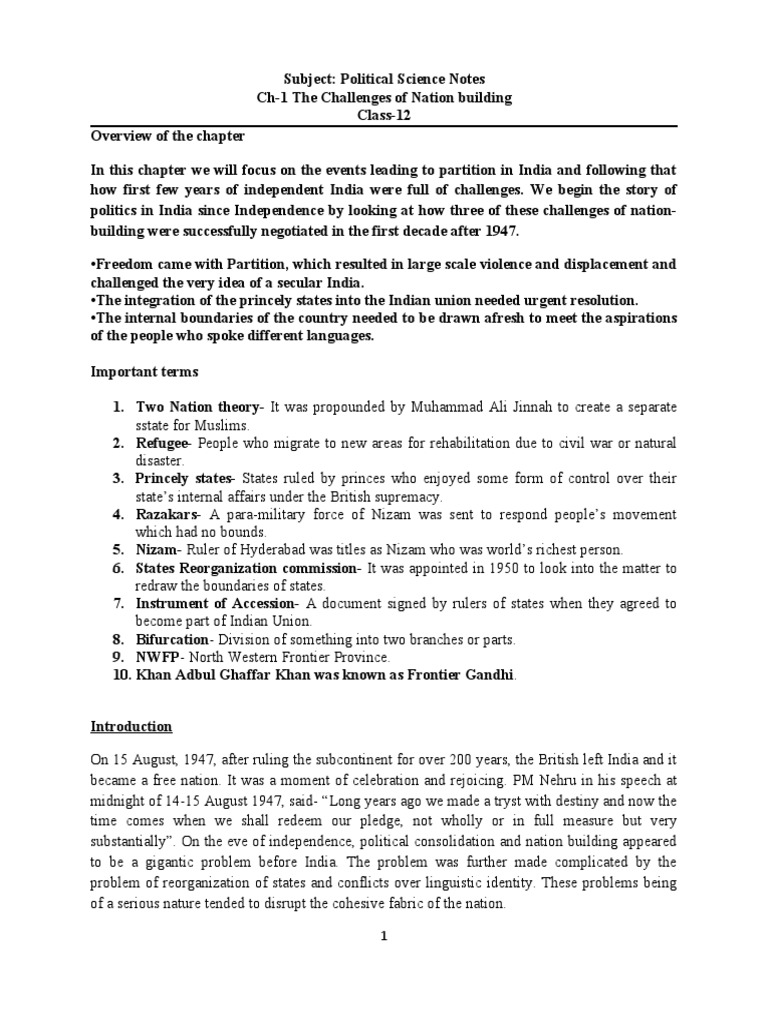 Ch-1 Challenges of Nation Building Notes | PDF | Partition Of India ...