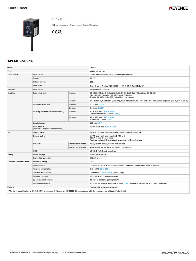SR-710 Ultra-compact, Fixed type Code Reader Data Sheet: Specifications ...