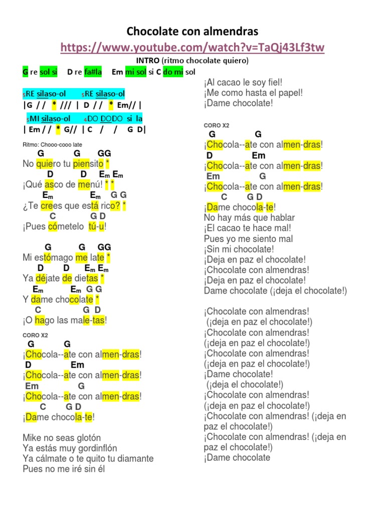 Letra de "Chocolate con Almendras" | PDF | Chocolate | Cocina ...