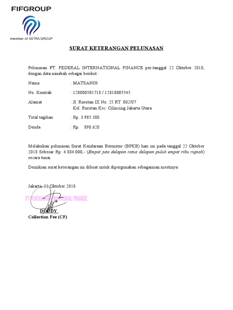 Surat Pelunasan FIF | PDF | Pengelolaan Keuangan & Uang