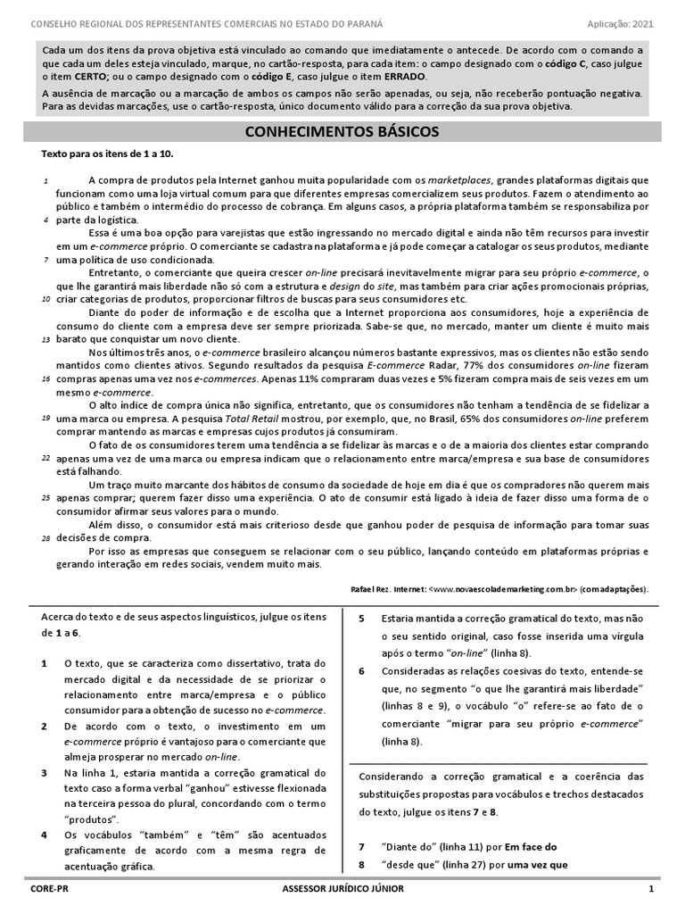 Quadrix 2021 Core PR Assessor Juridico Prova | PDF | Sindicato ...