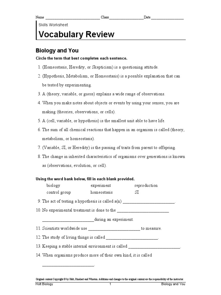Biology-Holt Vocab Review Worksheets | PDF | Mitosis | Meiosis