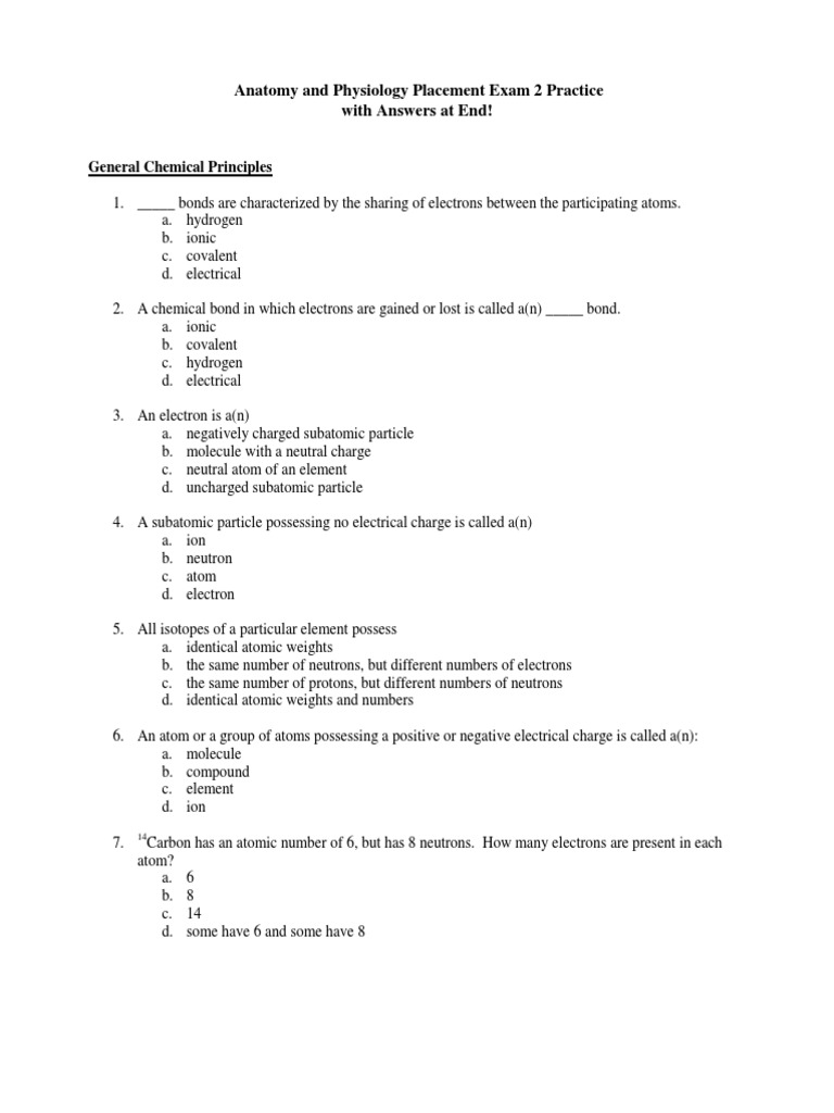 Anatomy and Physiology Placement Exam 2 Practice With Answers at End ...