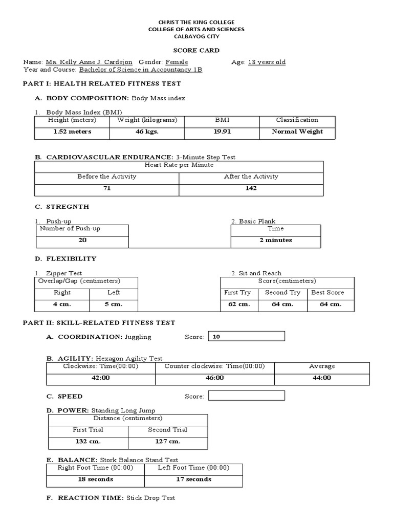 Physical Fitness Test Score Card | PDF | Body Mass Index | Recreation