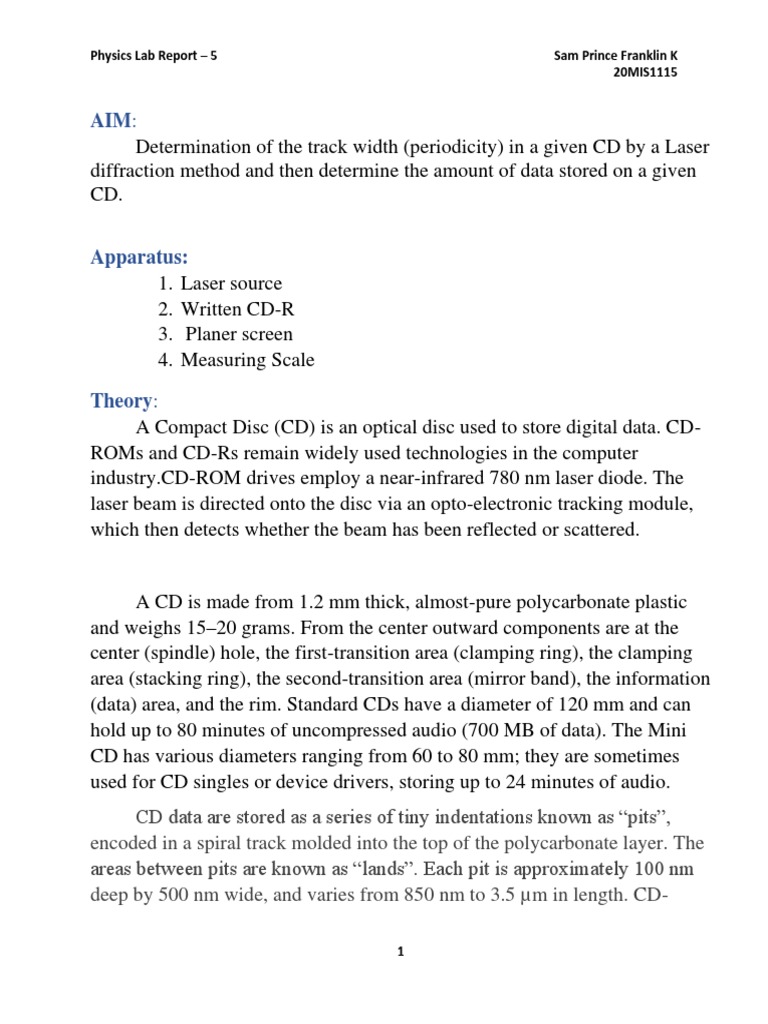 Physics Lab Report - 5 Sam Prince Franklin K 20MIS1115 | PDF | Compact Disc | Hard Disk Drive