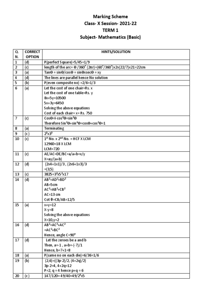 Marking Scheme Class-X Session - 2021-22 Term 1 Subject - Mathematics (Basic) | PDF ...