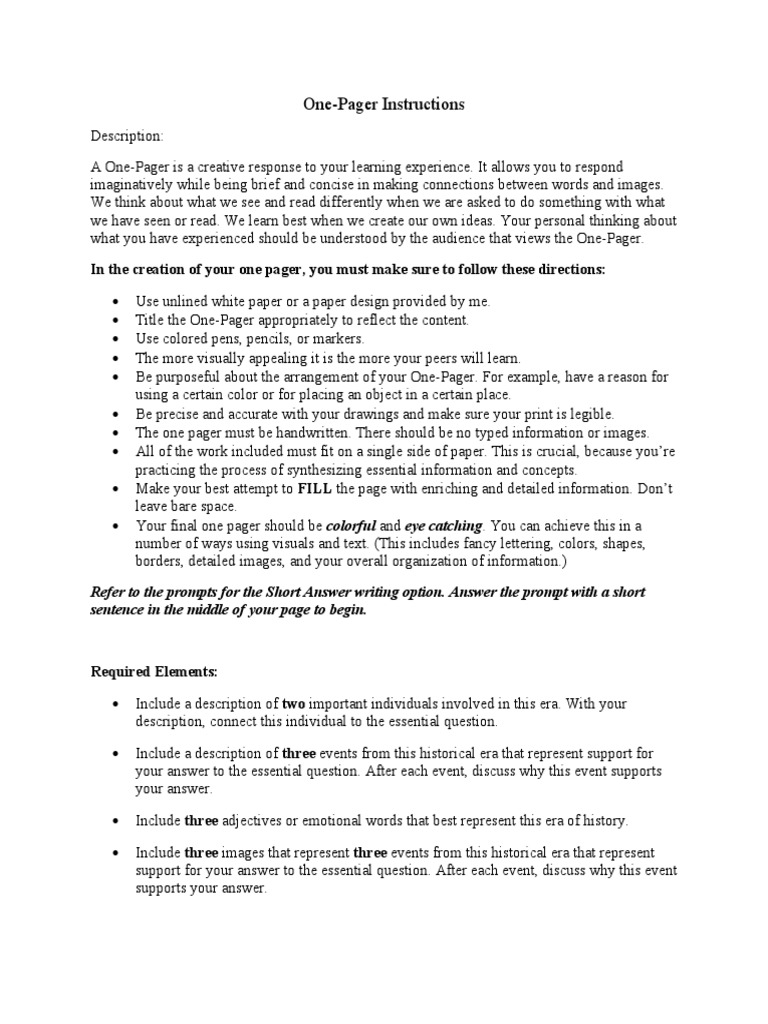 One Pager Instructions | PDF | Information | Question