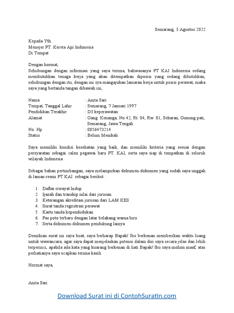110 - Contoh Surat Lamaran Kerja Di PT KAI Untuk Posisi Perawat | PDF