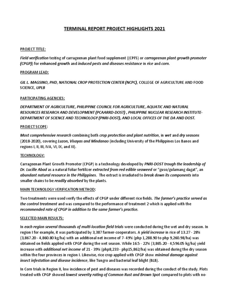 Project Terminal Report Highlights 2021-3 | PDF | Agriculture | Rice