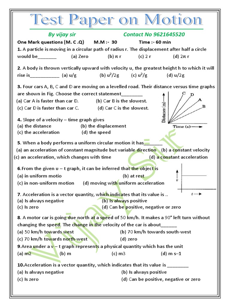 Class 9 Motion MCQ and Numerical Test | PDF | Acceleration | Velocity