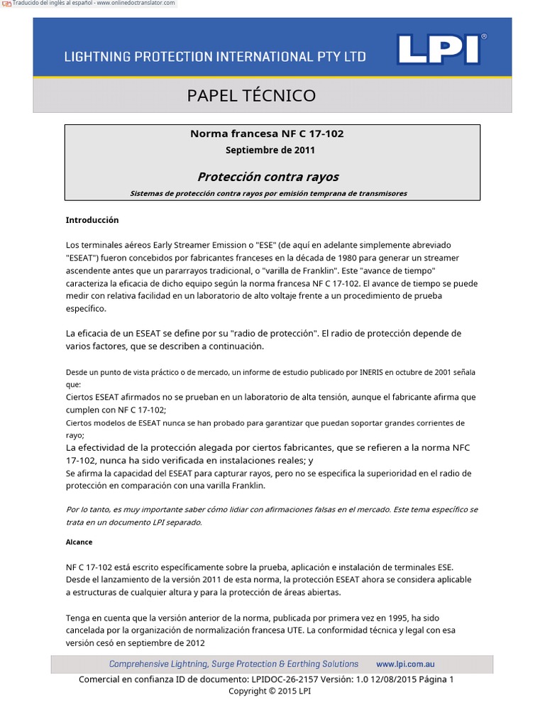 French-Standard-Nfc-17-102-2011. Español | PDF | Relámpago | Ingenieria Eléctrica