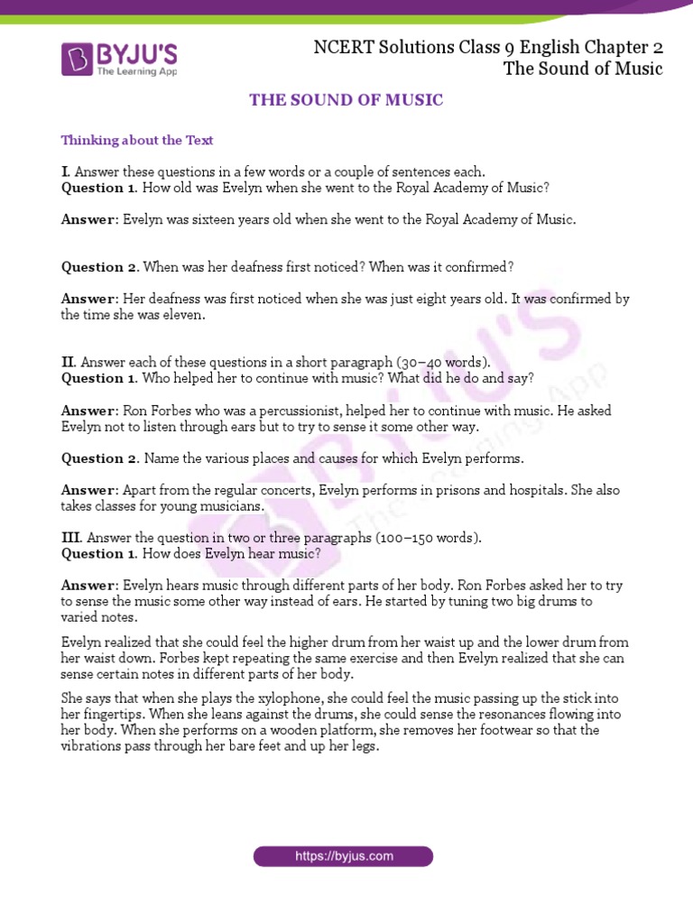 NCERT Solutions Class 9 English Chapter 2 The Sound of Music | PDF