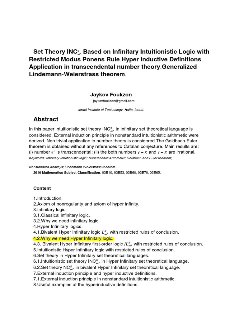 Infinitary Intuitionistic Set Theory | PDF | Mathematical Logic | First ...