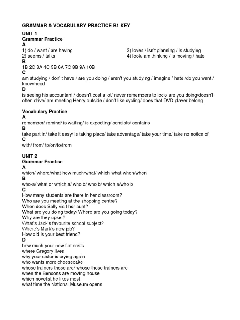 Grammar and Vocabulary Practice B1 Key | PDF