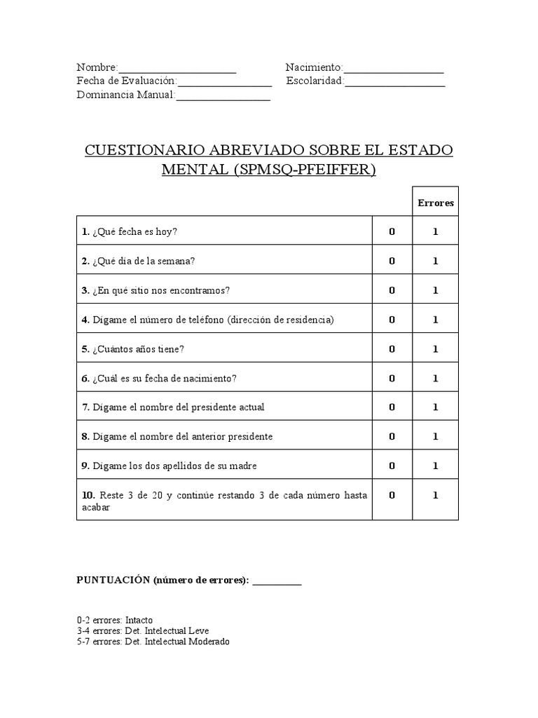 Cuestionario Abreviado Sobre El Estado Mental (Spmsq-Pfeiffer) | PDF