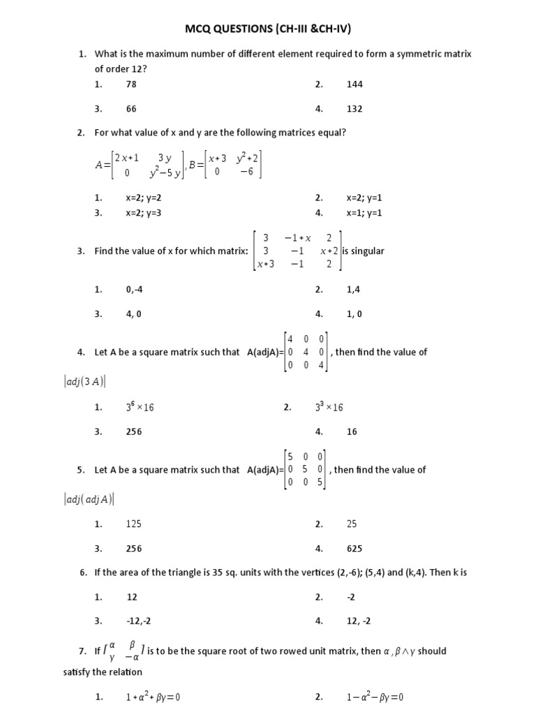 MCQ Questions - CH 3&4 | Download Free PDF | Matrix (Mathematics ...