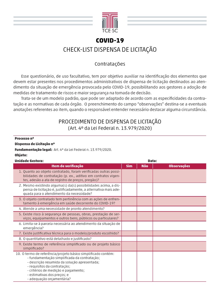 Check-List Dispensa de Licitação - TCE-SC | PDF