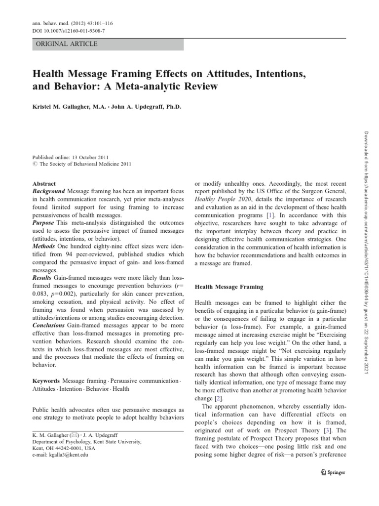 Health Message Framing Effects On Attitudes, Intentions, and Behavior ...