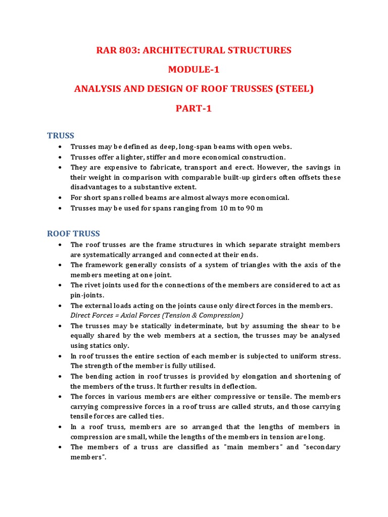 Rar 803: Architectural Structures Module-1 Analysis and Design of Roof ...
