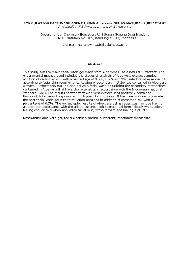 FORMULATION FACE WASH AGENT USING Aloe Vera GEL AS NATURAL SURFACTANT | PDF