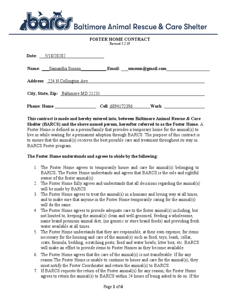 Foster Home Contract | PDF | Foster Care | Dogs
