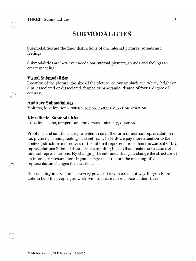 Submodalities: © Michael Carroll, NLP Academy, 199/2000 | PDF | Sound ...