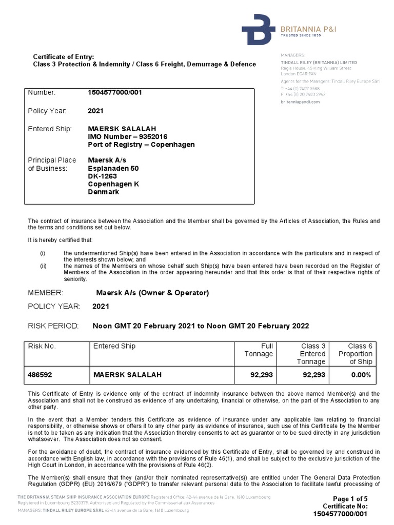 10.5 Certificate of Entry (P&I Insurance) | PDF | Indemnity | Deductible