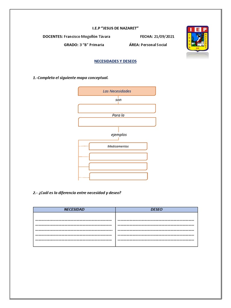 Ficha de Trabajo - Necesidades y Deseos | PDF