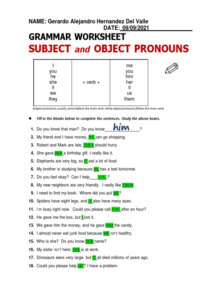 Subject Object Pronouns: Grammar Worksheet | PDF