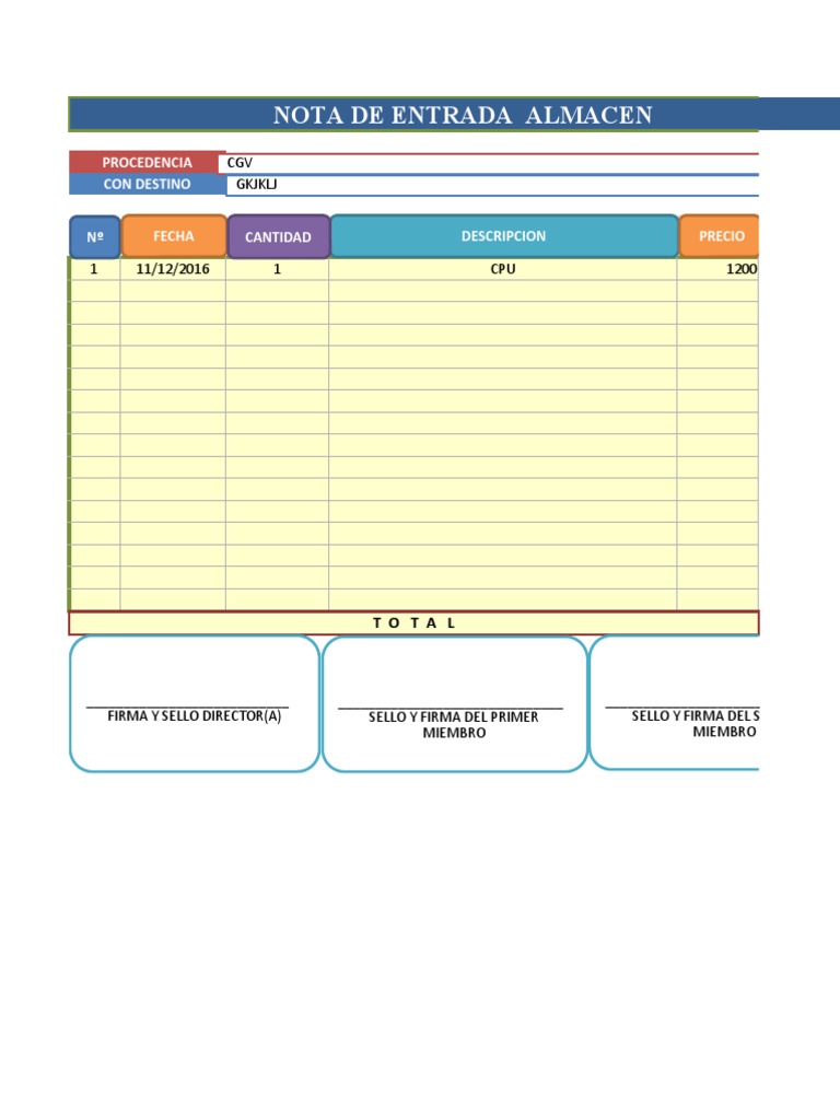 Formato Nota de Entrada Almacén Excel | PDF