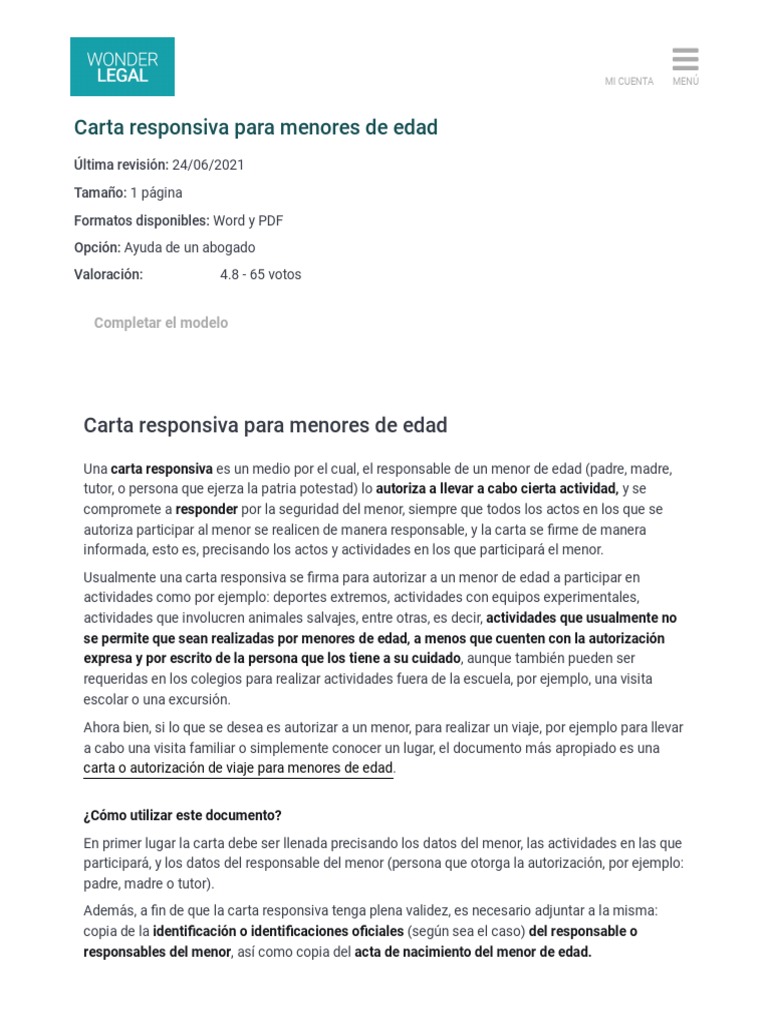 Carta Responsiva para Menores de Edad - Modelo, Formato | PDF | Divorcio | Menor (ley)