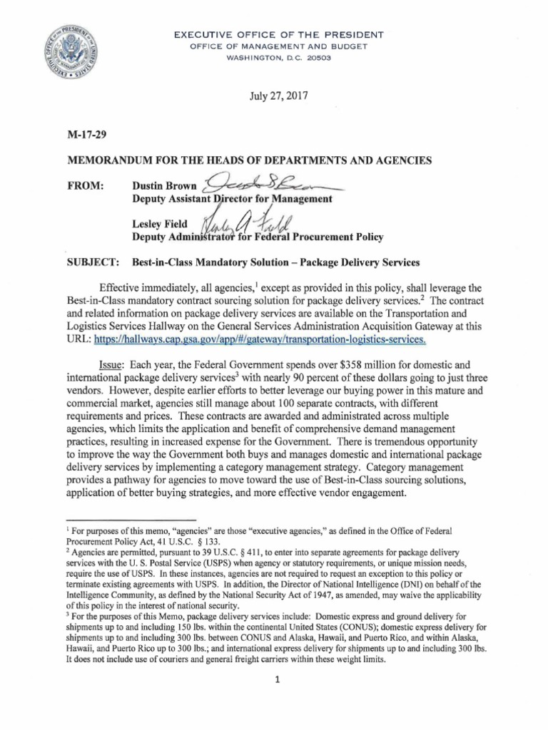 Omb Memo M 17 29 Best Class Mandatory Solution Package Delivery ...