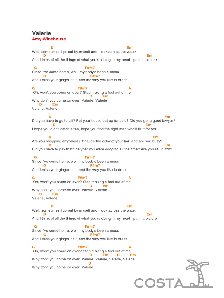 Valerie Chords and Lyrics - Amy Winehouse | PDF | Pop Songs | British Songs