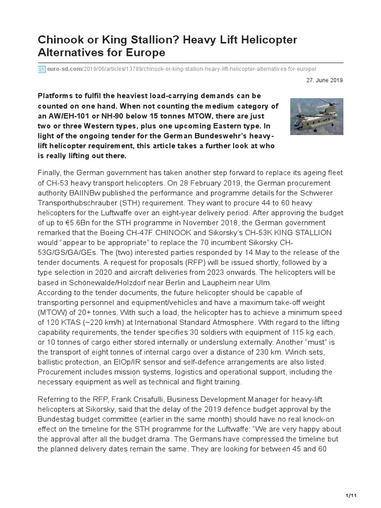 Chinook or King Stallion Heavy Lift Helicopter Alternatives For Europe ...