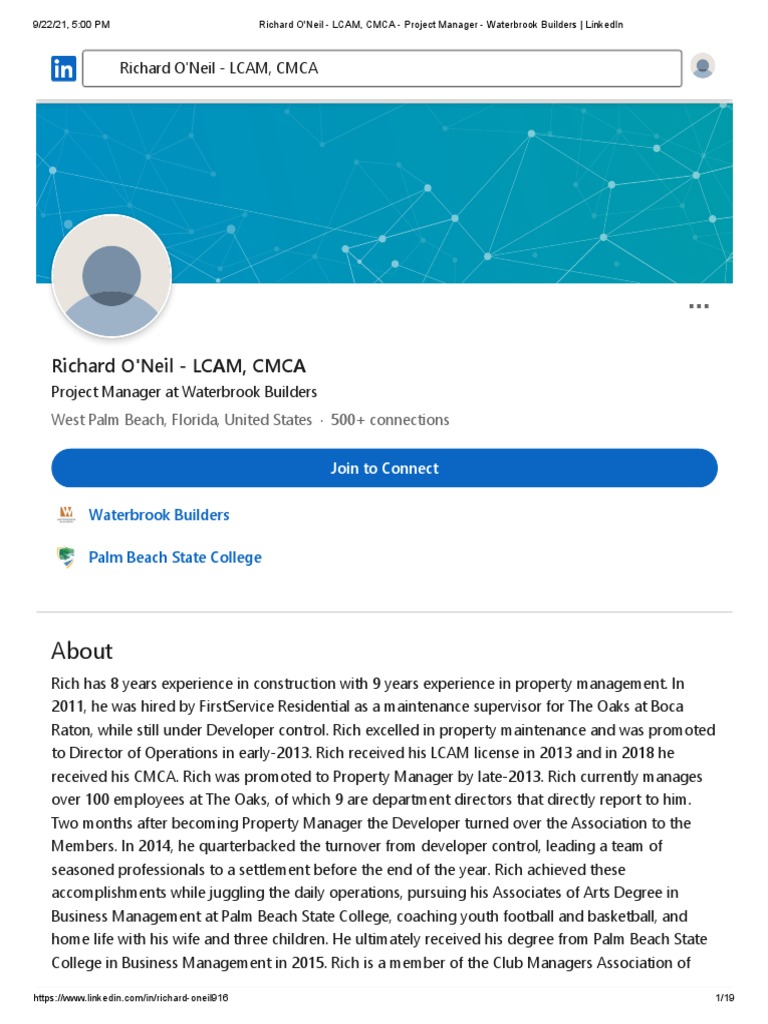 Richard O'Neil - LCAM, CMCA - Project Manager - Waterbrook Builders - LinkedIn | PDF ...