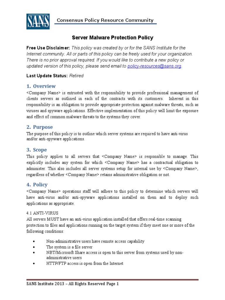 Server Malware Protection Policy: 1. Overview | PDF | Antivirus ...