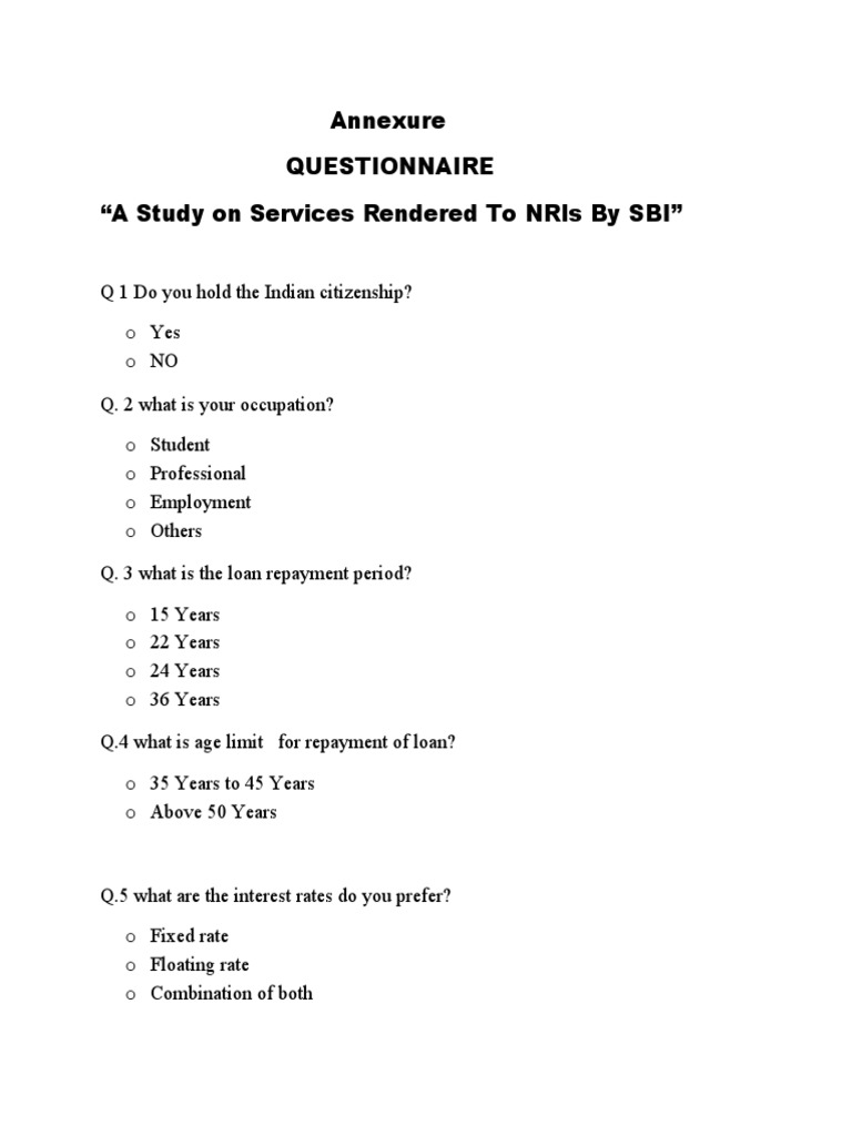 Annexure Questionnaire "A Study On Services Rendered To Nris by Sbi" | PDF