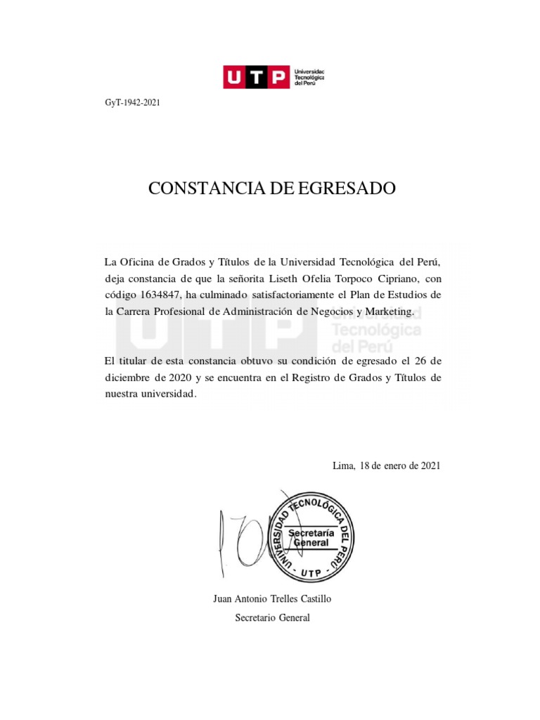 Constancia de Egresado UTP - Ltorpoco - 1634847 | PDF