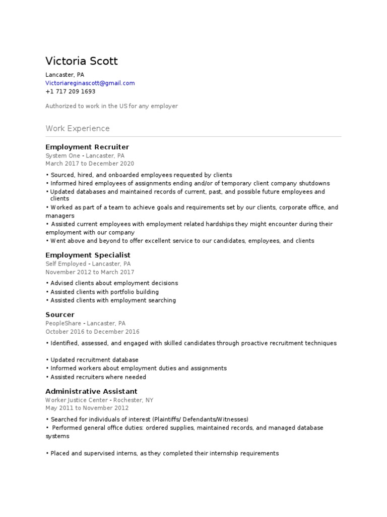 Victoria Scott: Employment Recruiter Profile | PDF