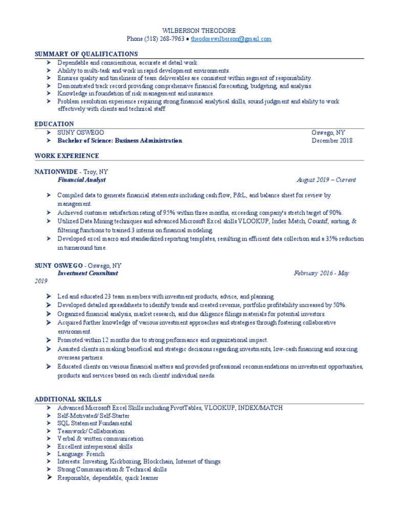 Summary of Qualifications: Financial Analyst | PDF | Microsoft Excel ...