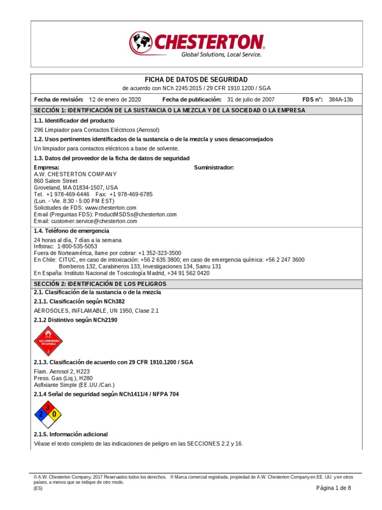 HDS - 296 Limpiador de Contactos | PDF | Agua | Toxicidad