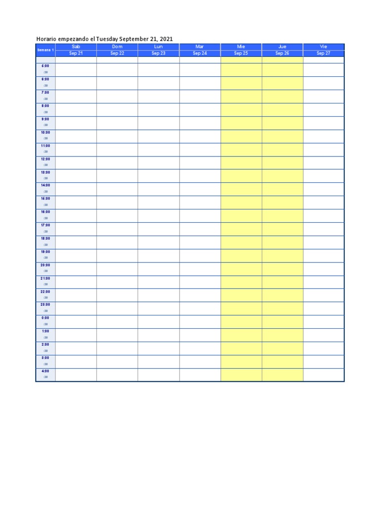 Horario Empezando El Tuesday September 21, 2021: Sab Dom Lun Mar Mie Jue Vie | PDF