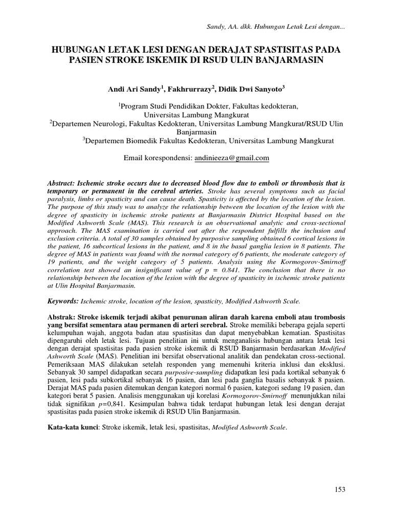 Hubungan Letak Lesi Dengan Derajat Spastisitas Pada Pasien Stroke Iskemik Di Rsud Ulin ...