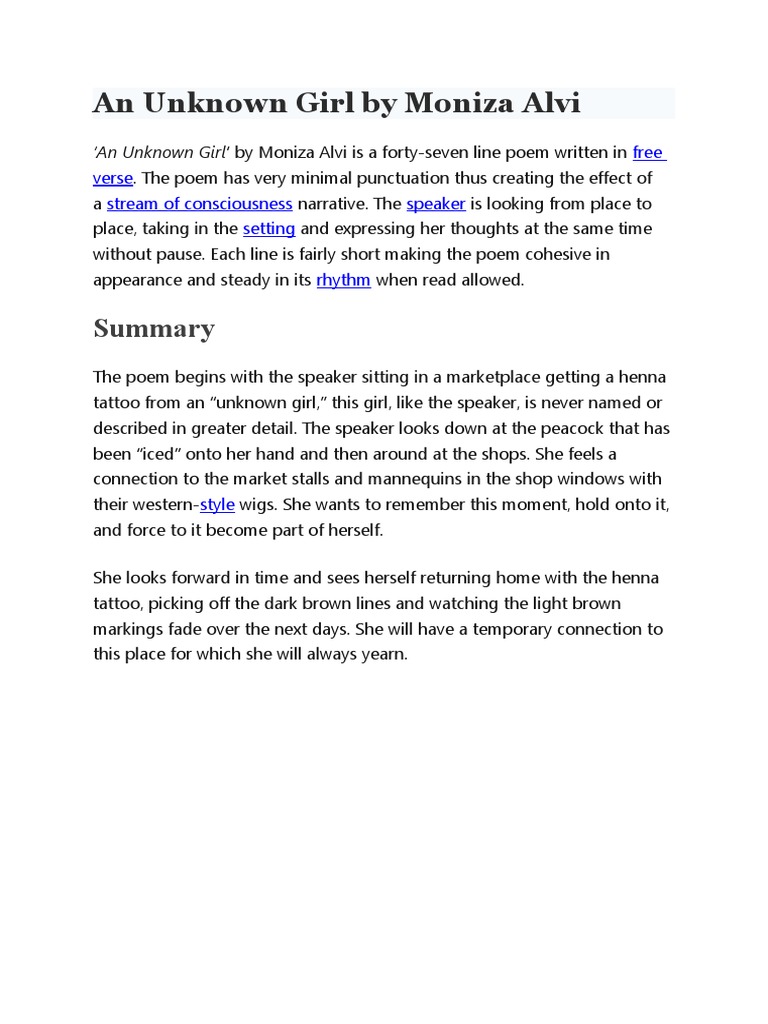 An Unknown Girl by Moniza Alvi Is A Forty-Seven Line Poem Written in | PDF
