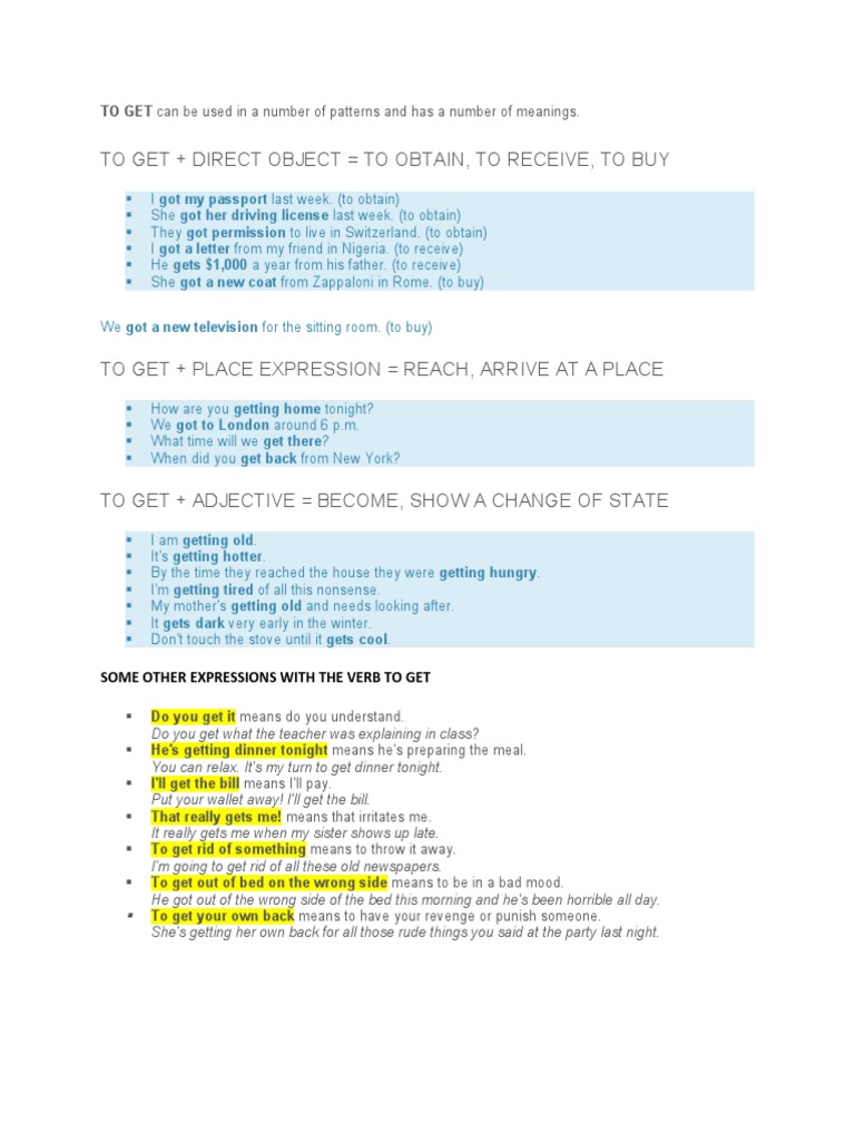Uses of The Verb To Get | PDF