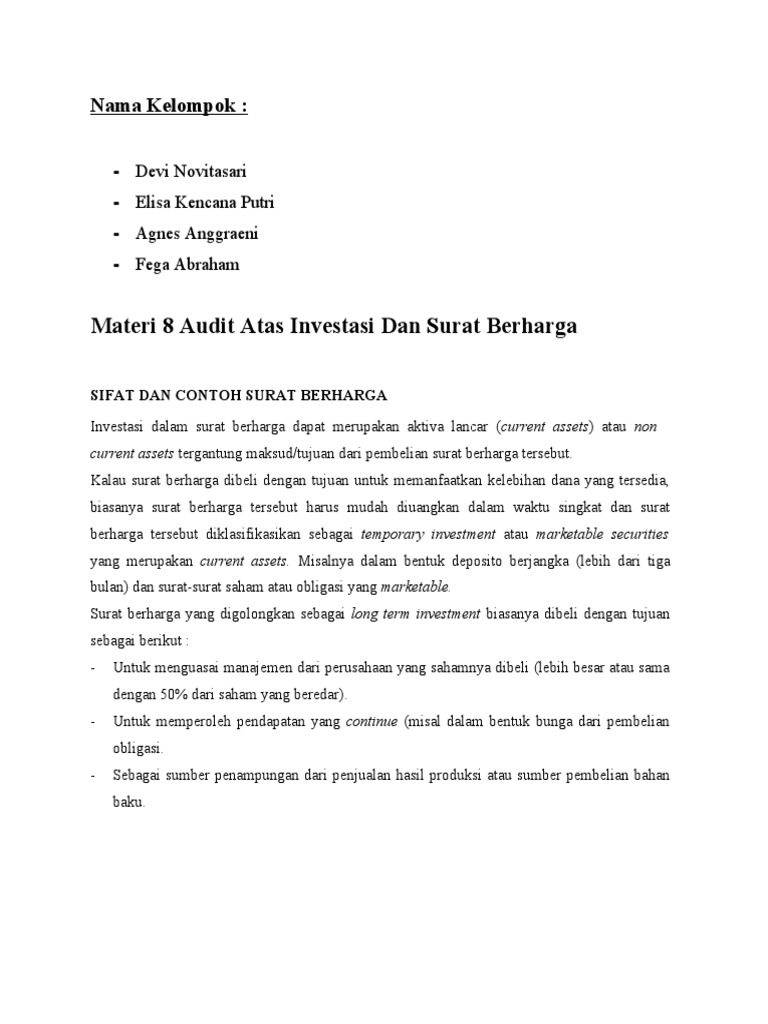 MATERI 8 Audit Atas Investasi Dan Surat Berharga | PDF | Pengelolaan ...