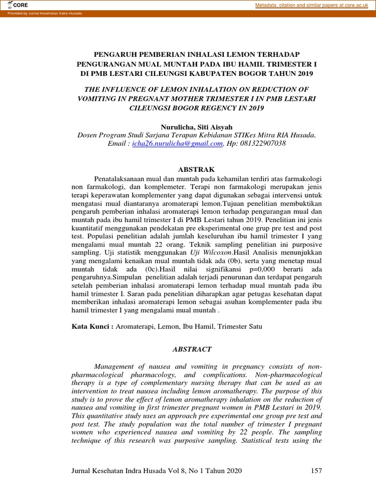 Pengaruh Pemberian Inhalasi Lemon Terhadap Pengurangan Mual Muntah Pada Ibu Hamil Trimester I Di ...