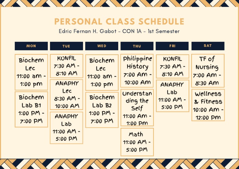 Personal Class Schedule: Edric Fernan H. Gabot - CON 1A - 1st Semester | PDF | Wellness