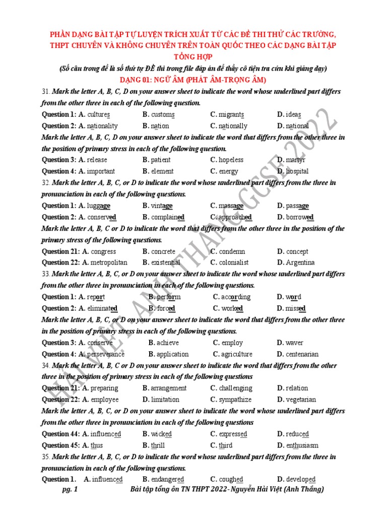 Mark the letter A, B, C, or D on your answer sheet to indicate the word that differs from the ...