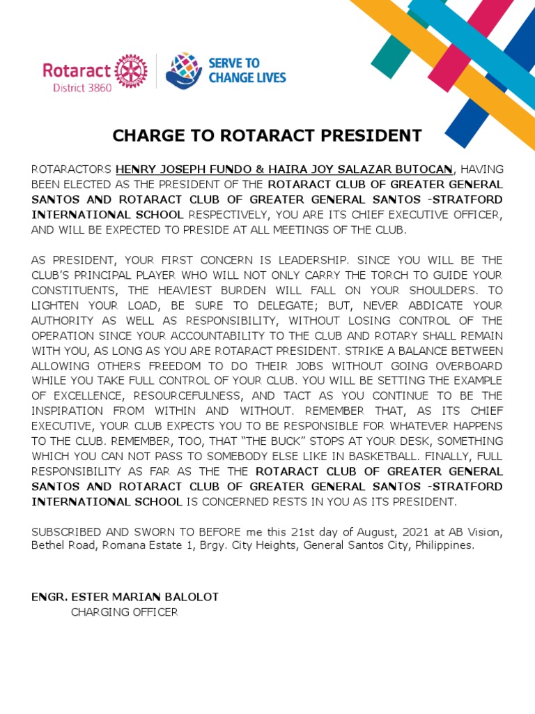 Charge To Rotaract President | PDF | Sports & Recreation | Self-Improvement